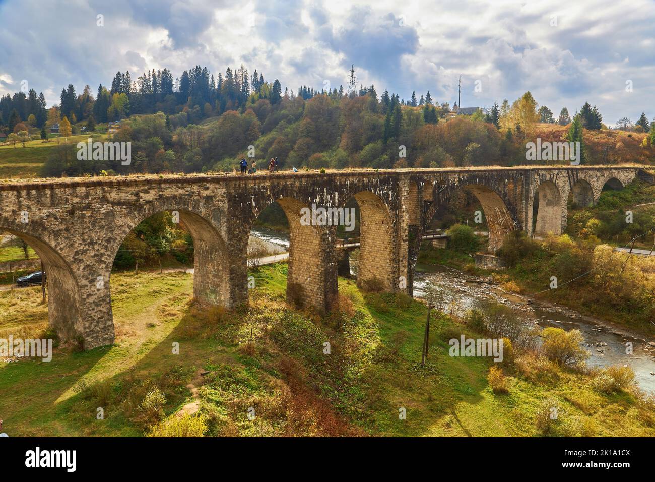 The old Austrian operating railway viaduct in the resort village of ...