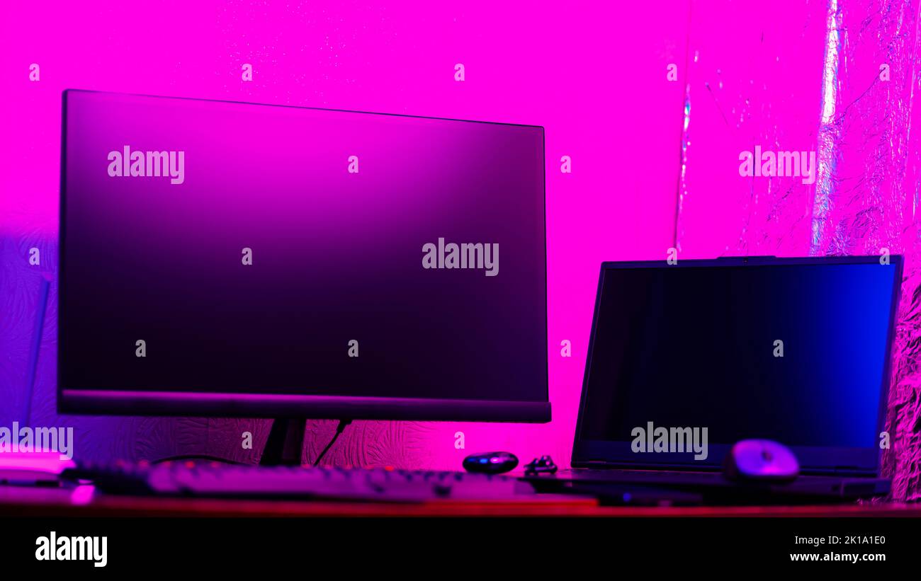 Creative designer's workplace, back view. Office chair and work desk ...