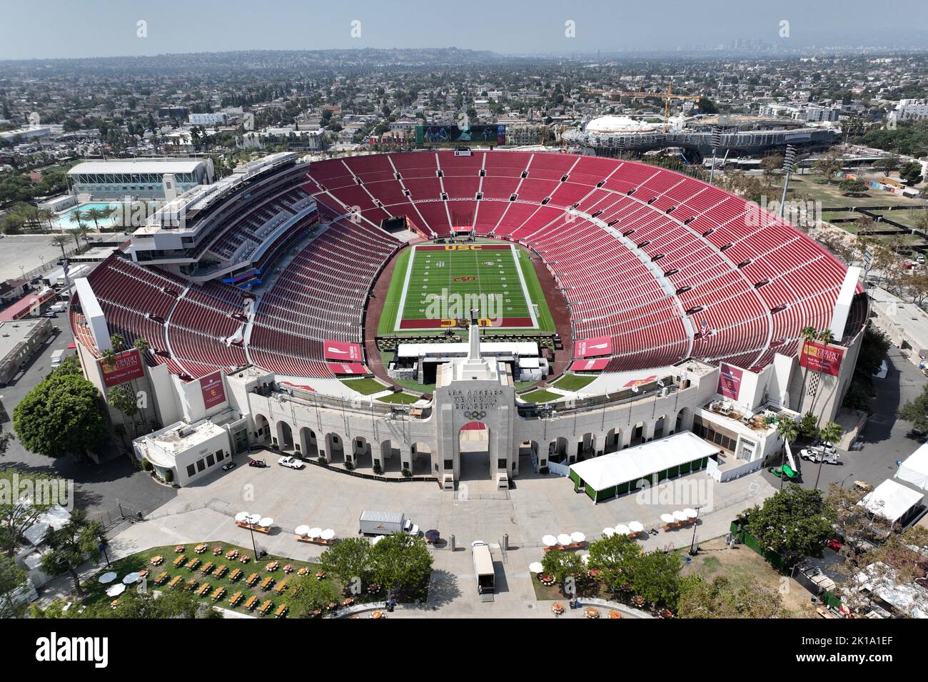 A general overall aerial view of the Los Angeles Memorial Coliseum peristyle and Olympic torch Friday Sept. 16 2022 in Los Angeles. The stadium is the home of the Southern California Trojans