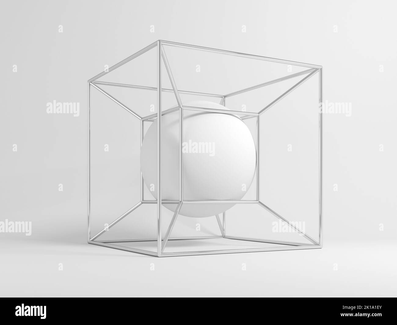 Abstract white high-tech installation with a sphere in a metal lattice ...