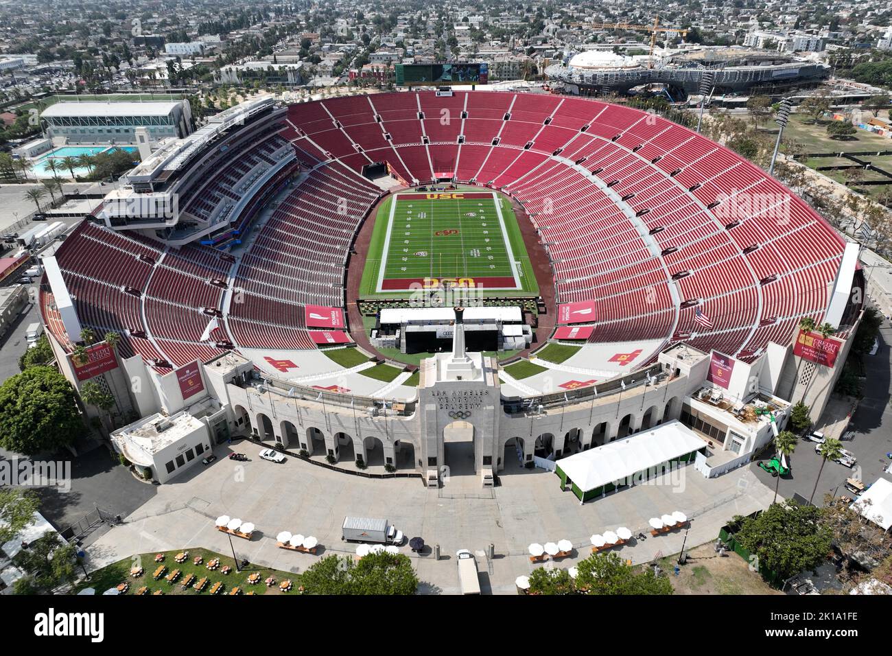 A general overall aerial view of the Los Angeles Memorial Coliseum ...