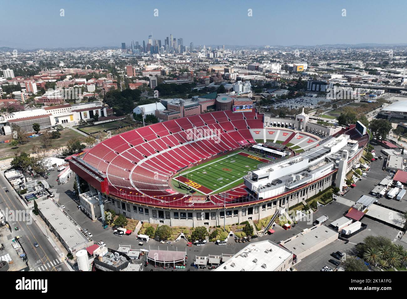 A general overall aerial view of the Los Angeles Memorial Coliseum ...