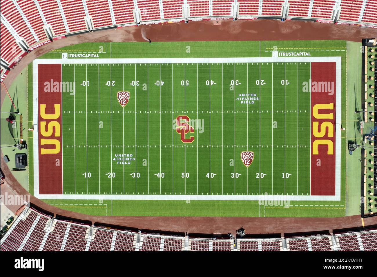 A general overall aerial view of the SC and Pac-12 Confernce logos at ...