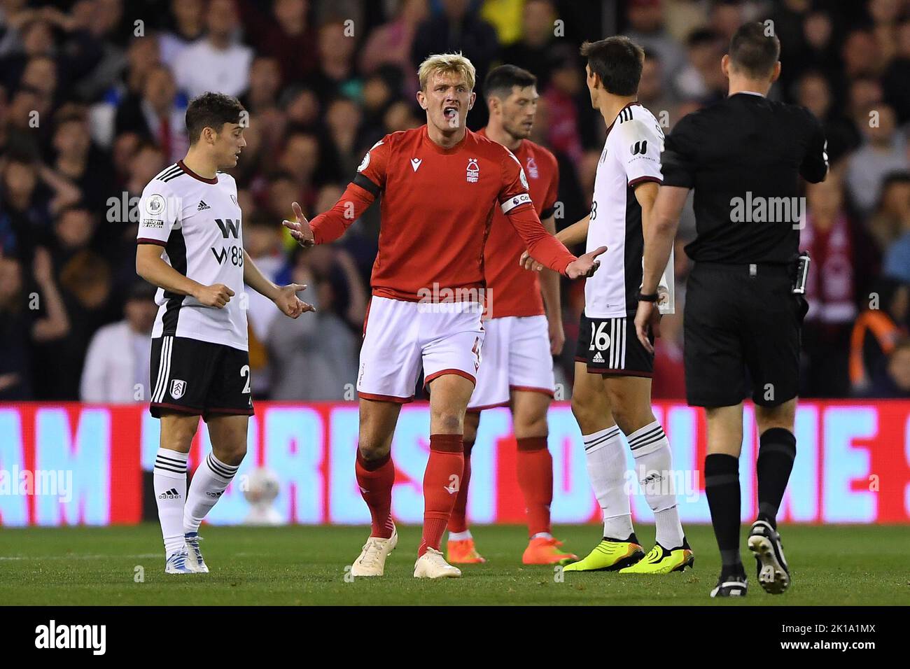 Joe Worrall of Nottingham Forest gestures at the referee during the ...