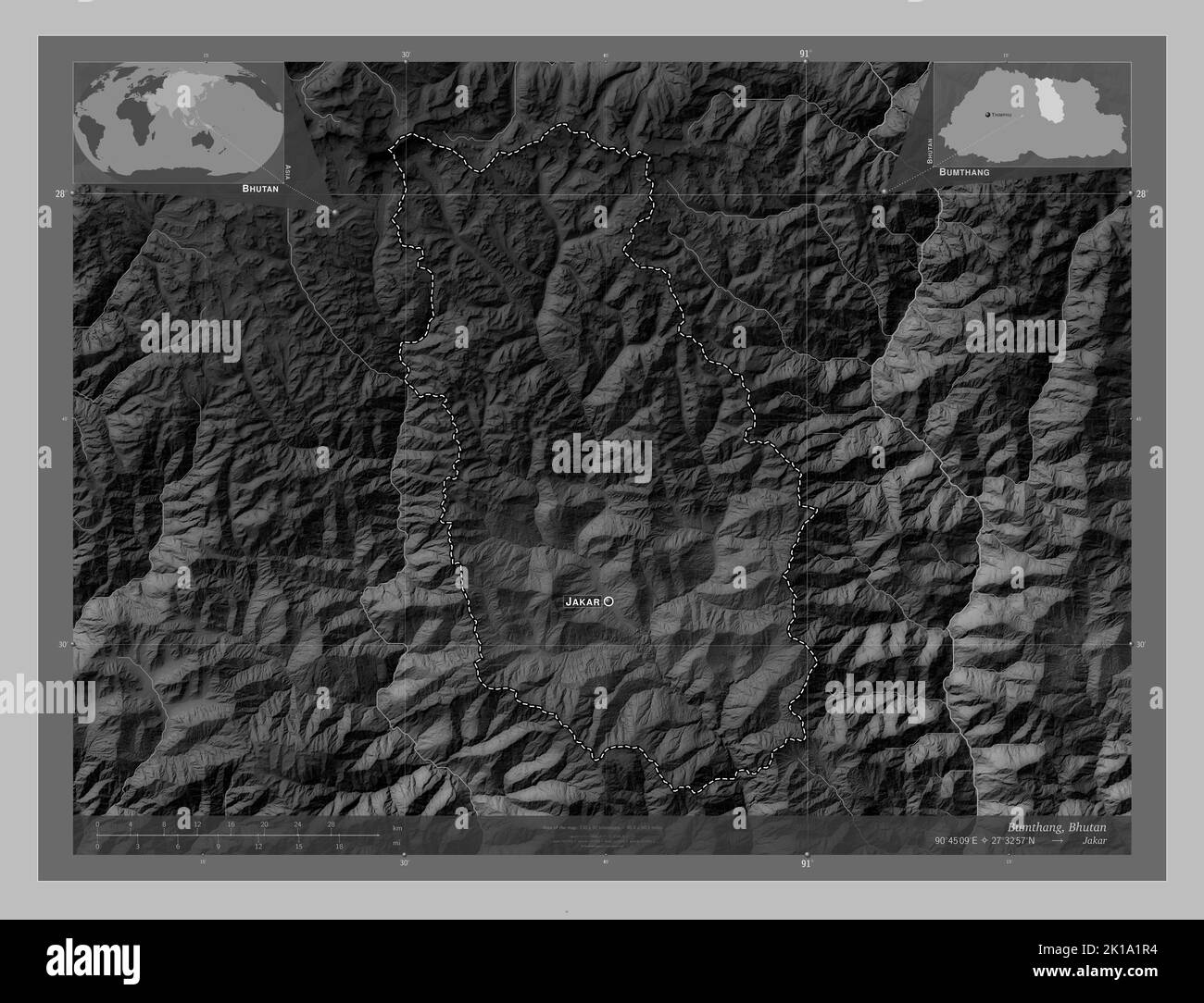 Bumthang, district of Bhutan. Grayscale elevation map with lakes and ...