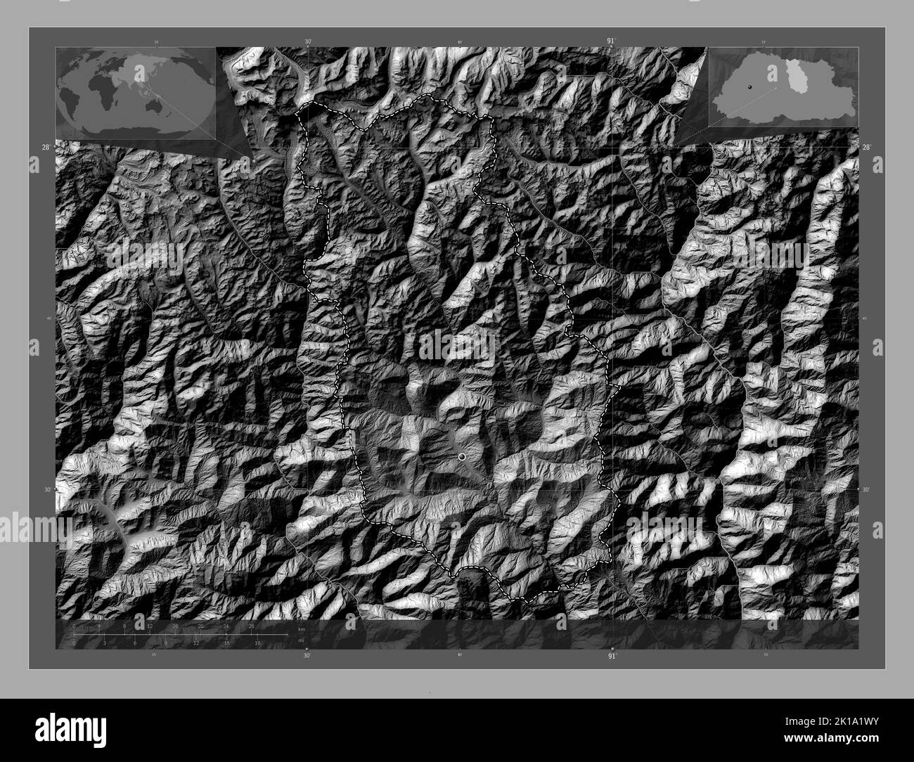 Bumthang, district of Bhutan. Bilevel elevation map with lakes and ...
