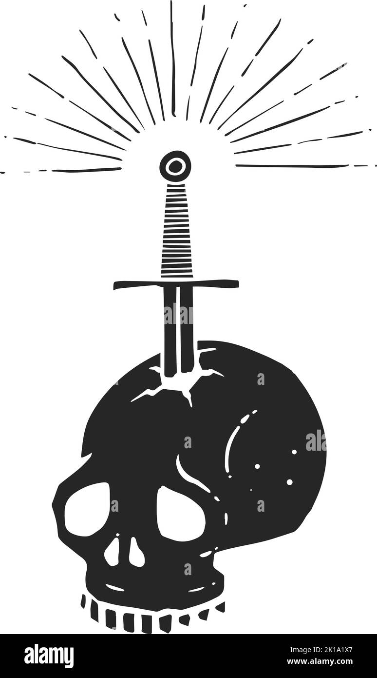 Hand drawn icon stabbed skull by a sword. Vector illustration Stock ...