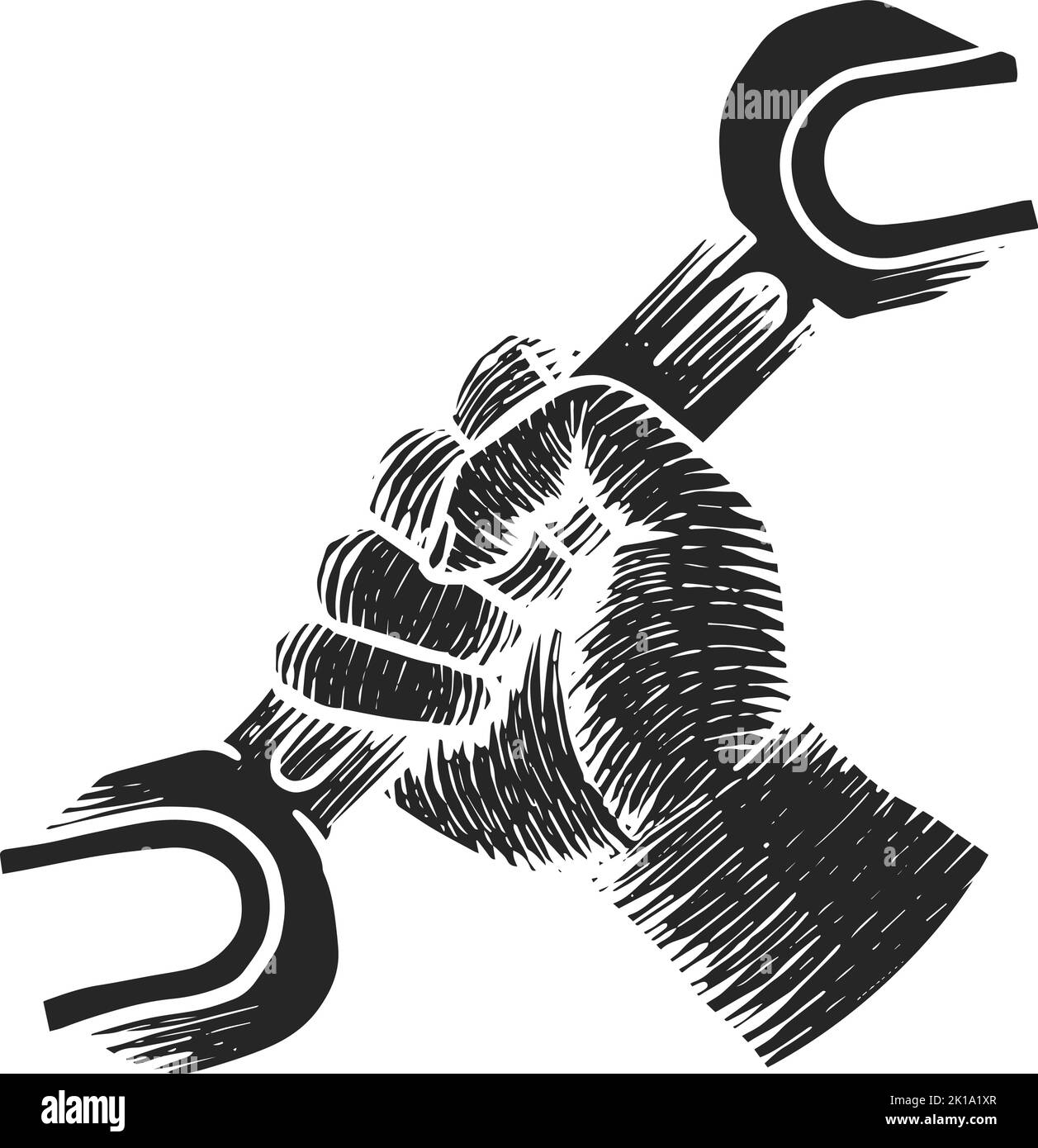 Hand drawn hand holding spanner wrench wood engraving vector ...