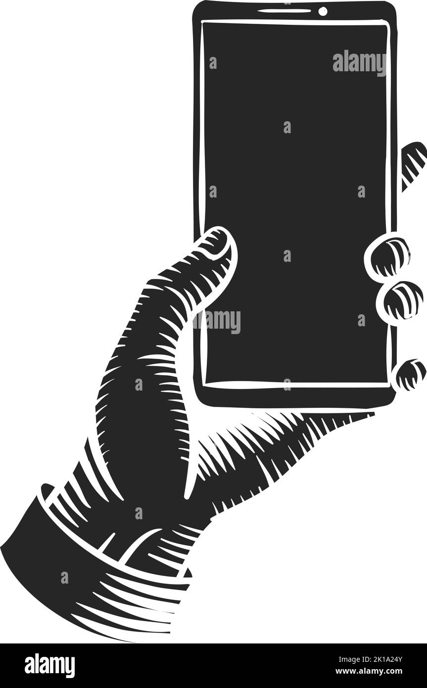 Hand drawn hand holding smart phone template vintage sketch vector ...