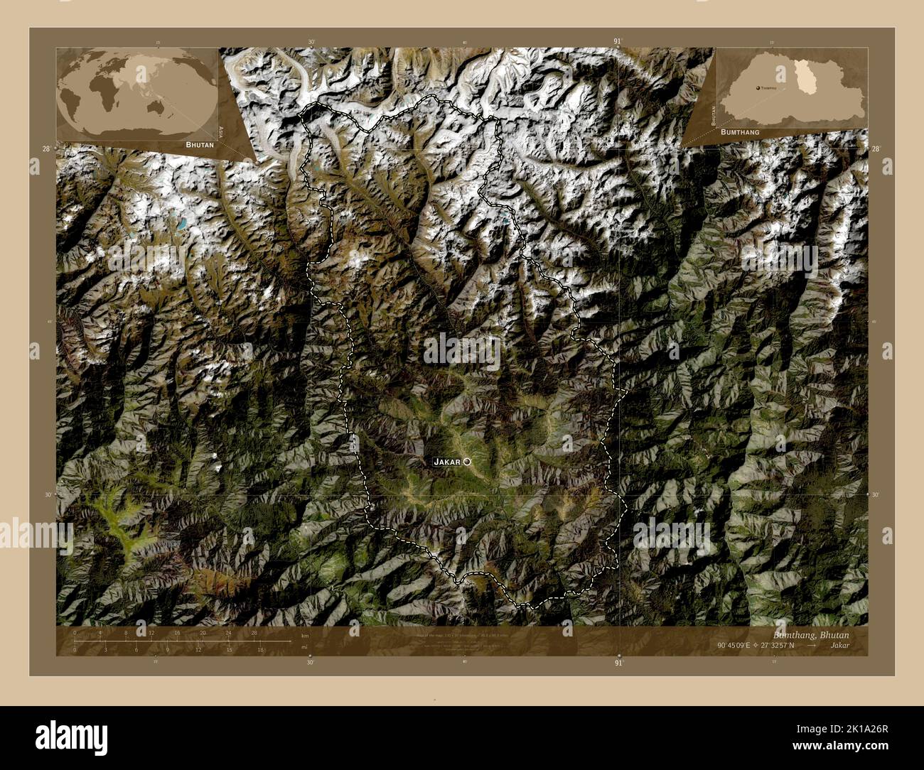 Bumthang, district of Bhutan. Low resolution satellite map. Locations ...