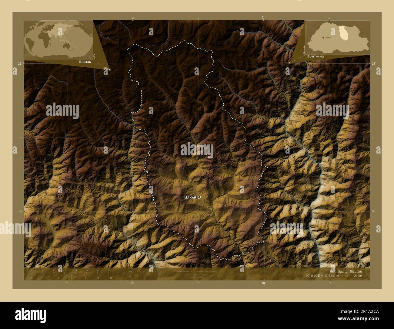 Bumthang, district of Bhutan. Colored elevation map with lakes and ...