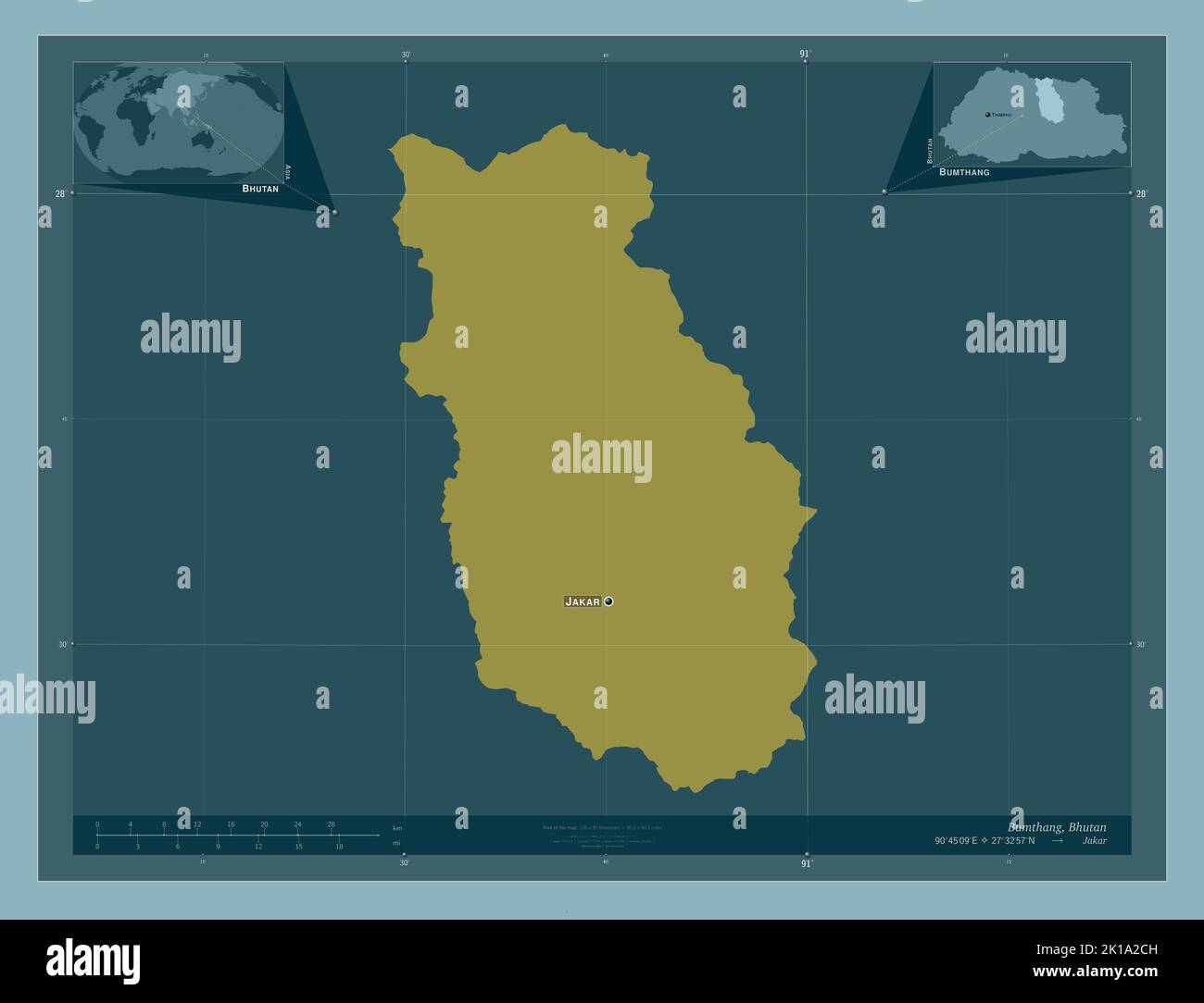 Bumthang, district of Bhutan. Solid color shape. Locations and names of ...