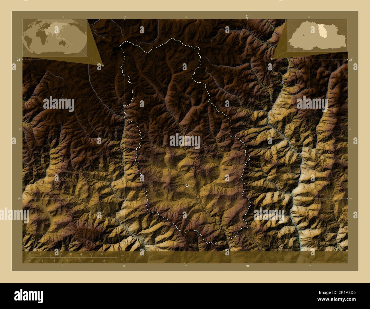 Bumthang, district of Bhutan. Colored elevation map with lakes and ...