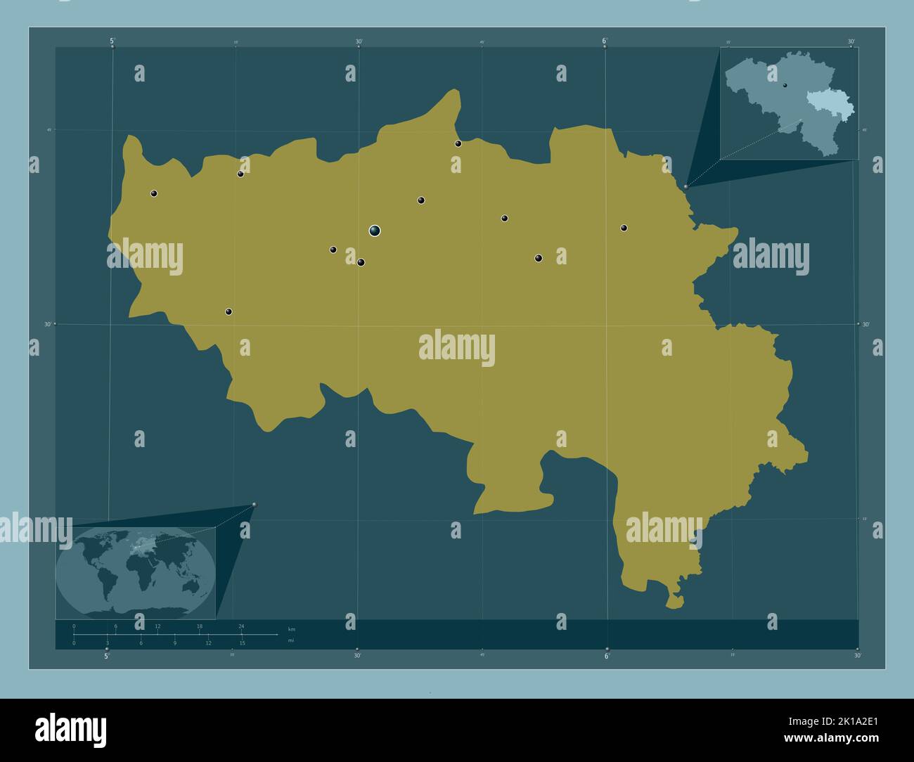 Liege, province of Belgium. Solid color shape. Locations of major ...