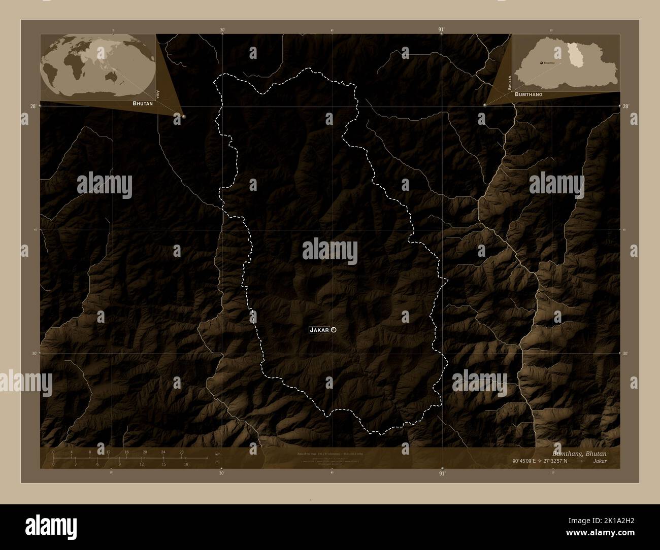 Bumthang, district of Bhutan. Elevation map colored in sepia tones with ...
