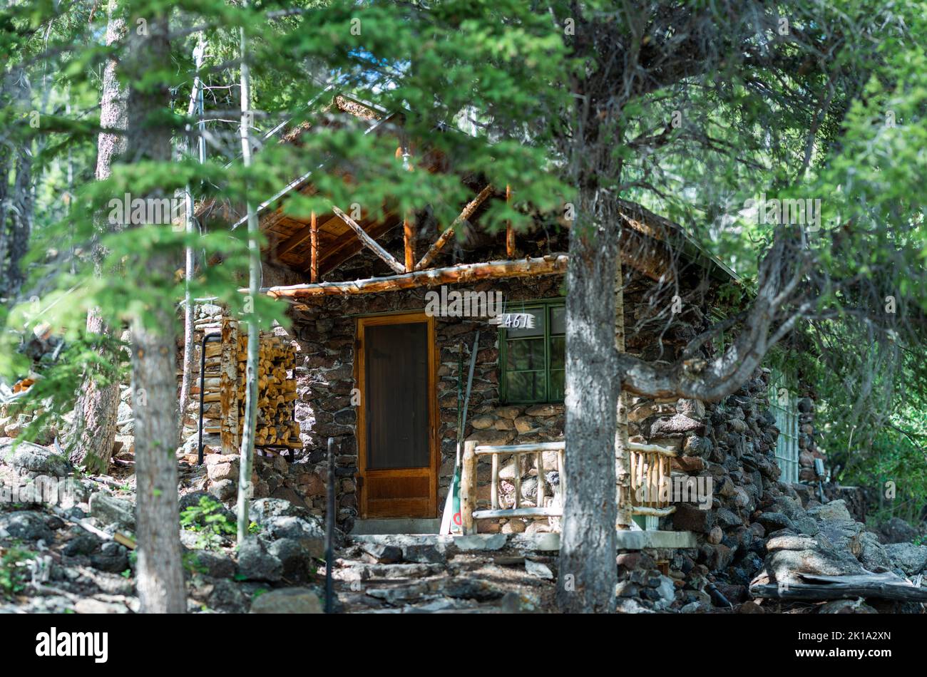 A stone cabin in the forest with trees around under sunlight Stock ...