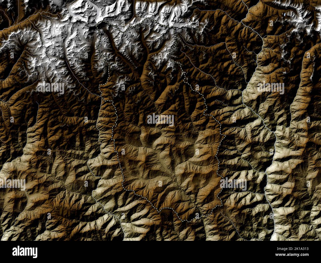 Bumthang, district of Bhutan. Elevation map colored in wiki style with ...