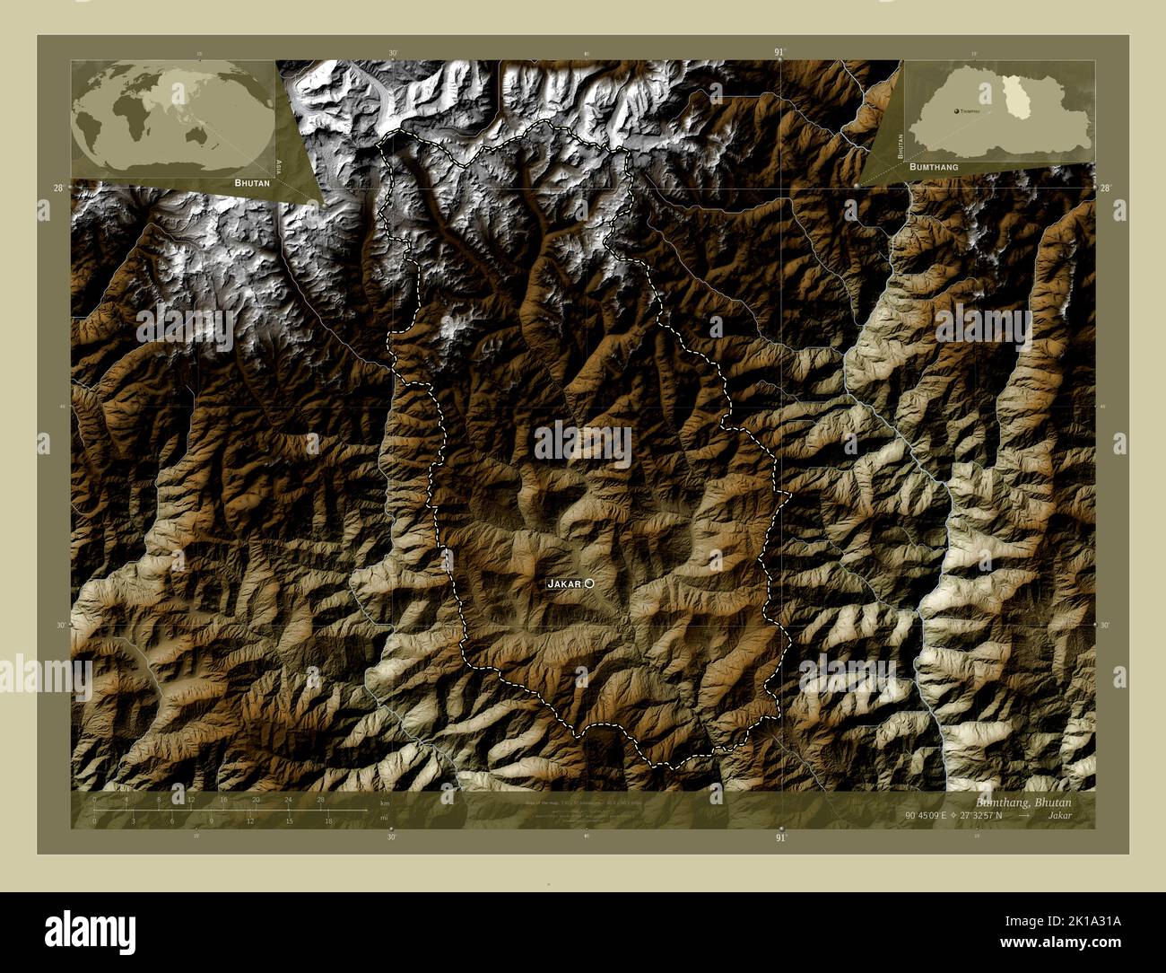 Bumthang, district of Bhutan. Elevation map colored in wiki style with lakes and rivers ...