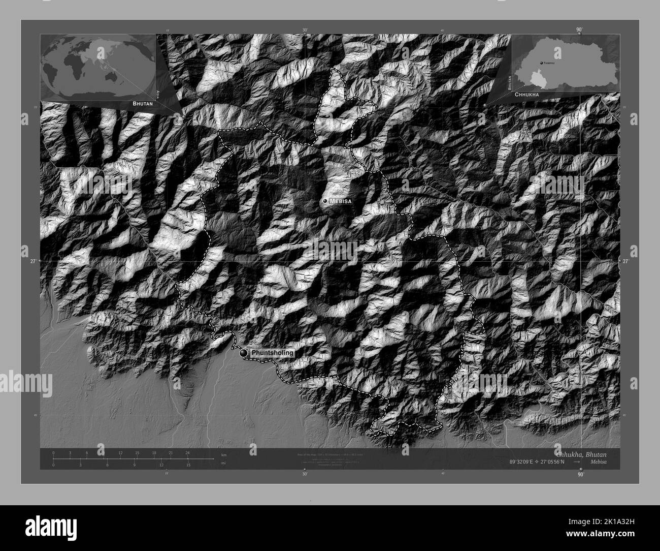 Chhukha, district of Bhutan. Bilevel elevation map with lakes and ...