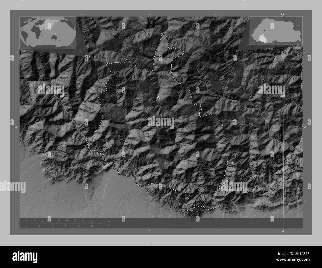 Chhukha, district of Bhutan. Grayscale elevation map with lakes and rivers. Corner auxiliary ...