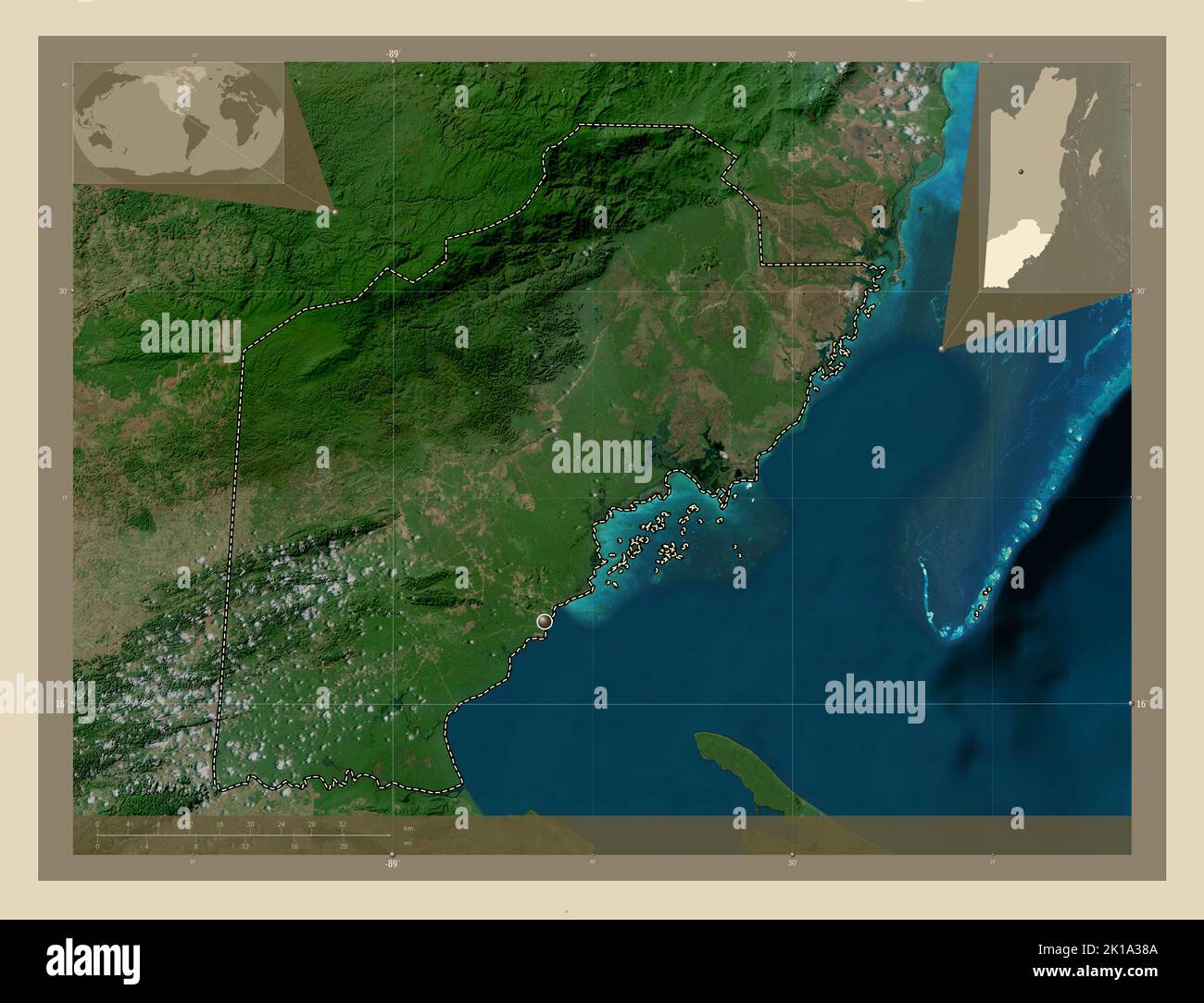 Toledo, district of Belize. High resolution satellite map. Corner ...