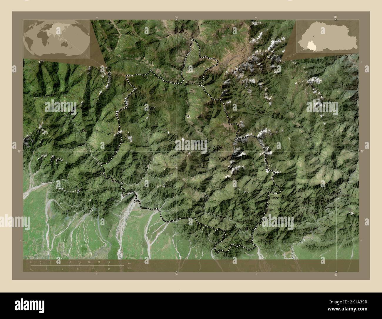 Chhukha, district of Bhutan. High resolution satellite map. Corner ...
