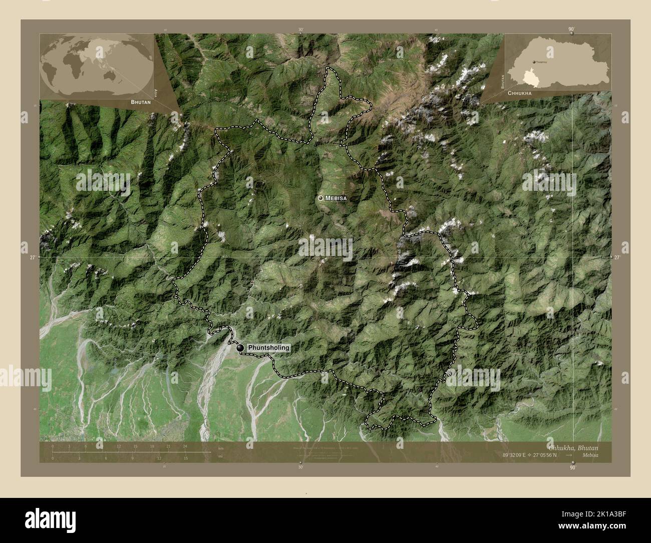 Chhukha, district of Bhutan. High resolution satellite map. Locations ...