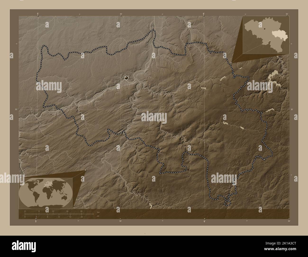 Liege, province of Belgium. Elevation map colored in sepia tones with ...