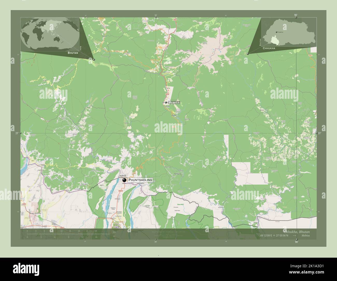 Chhukha, district of Bhutan. Open Street Map. Locations and names of ...