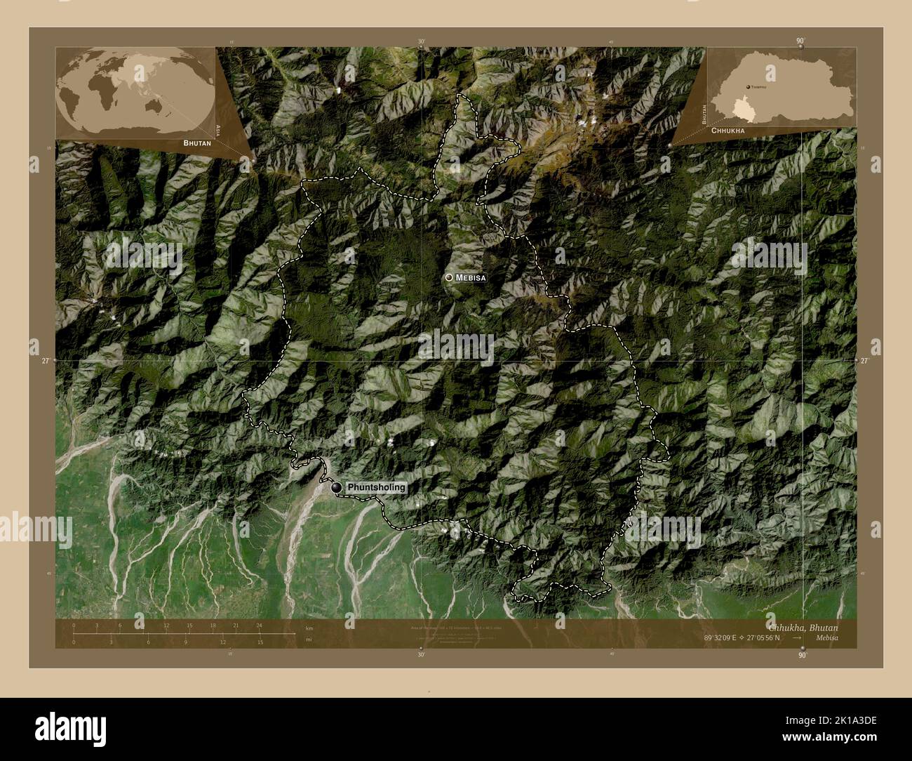 Chhukha, district of Bhutan. Low resolution satellite map. Locations ...