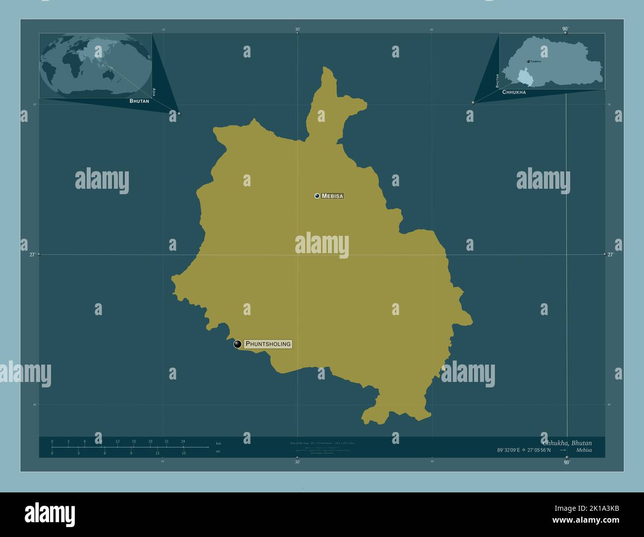 Chhukha, district of Bhutan. Solid color shape. Locations and names of ...