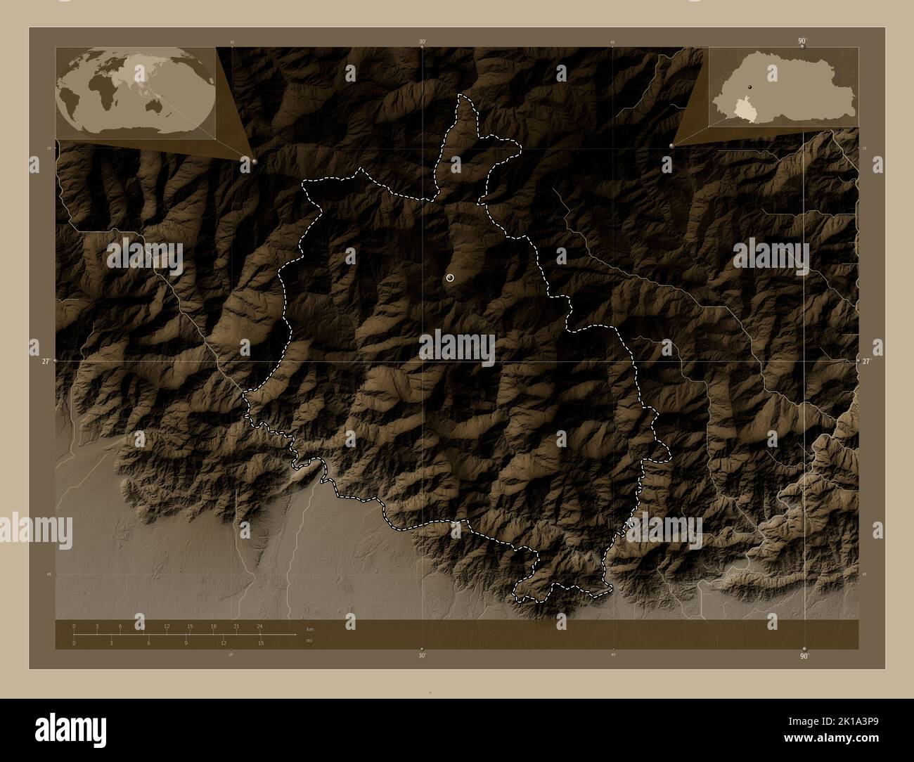 Chhukha, district of Bhutan. Elevation map colored in sepia tones with lakes and rivers. Corner ...