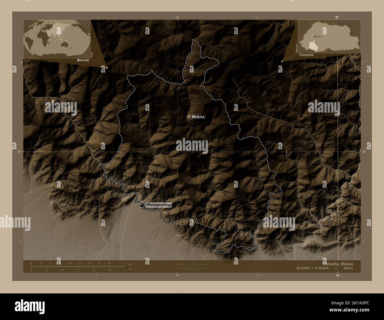 Chhukha, district of Bhutan. Elevation map colored in sepia tones with ...