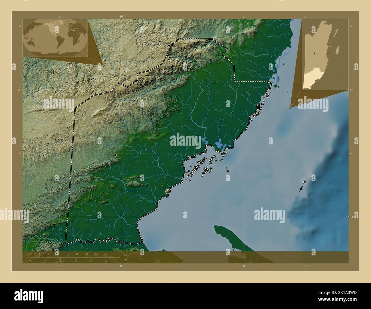 Toledo, district of Belize. Colored elevation map with lakes and rivers ...