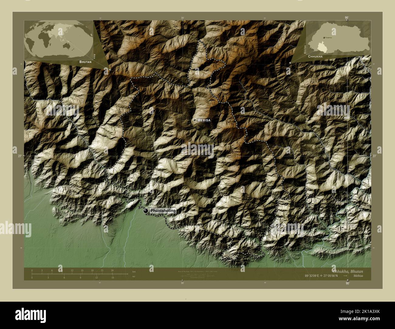 Chhukha, district of Bhutan. Elevation map colored in wiki style with ...