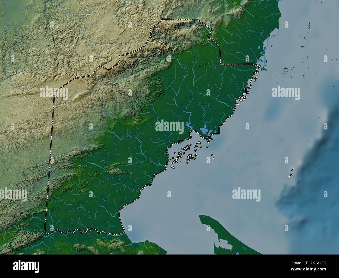 Toledo, district of Belize. Colored elevation map with lakes and rivers ...