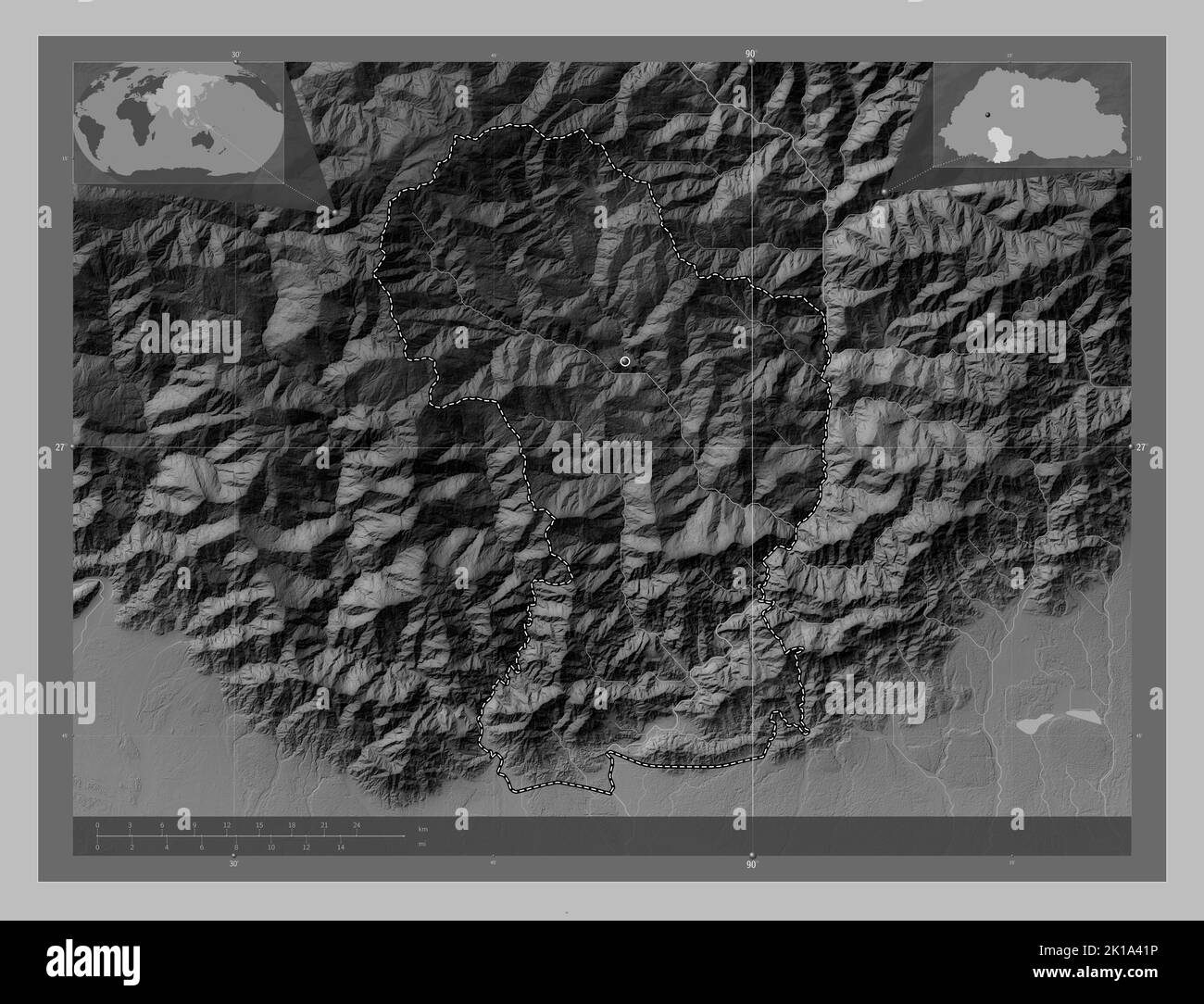 Dagana, district of Bhutan. Grayscale elevation map with lakes and ...