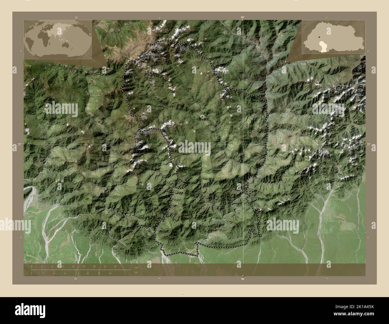 Dagana, district of Bhutan. High resolution satellite map. Locations of ...