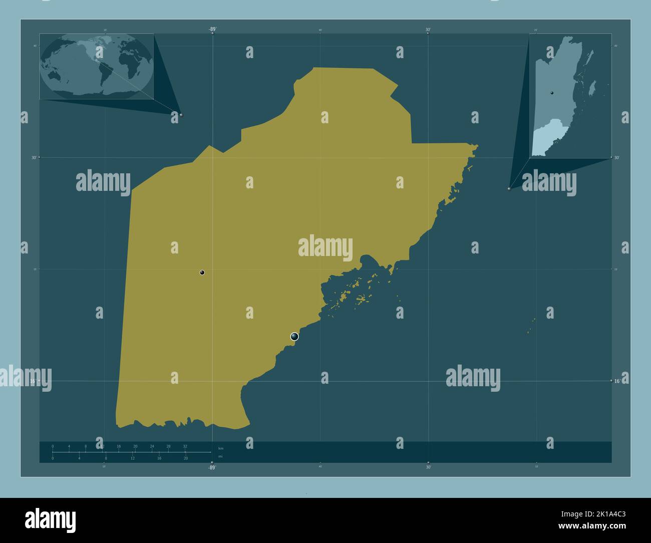 Toledo, district of Belize. Solid color shape. Locations of major ...