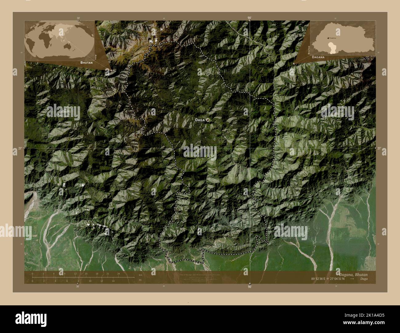 Dagana, district of Bhutan. Low resolution satellite map. Locations and ...