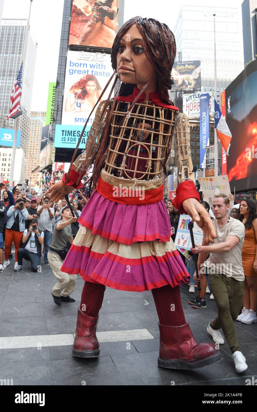 Little Amal arrives in Times Square, New York City. Little Amal, Syrian ...