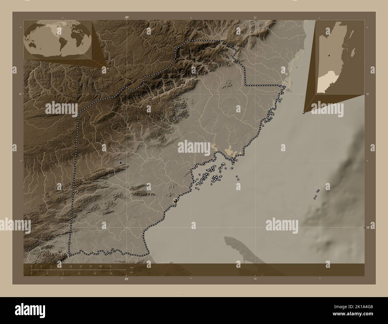 Toledo, district of Belize. Elevation map colored in sepia tones with ...