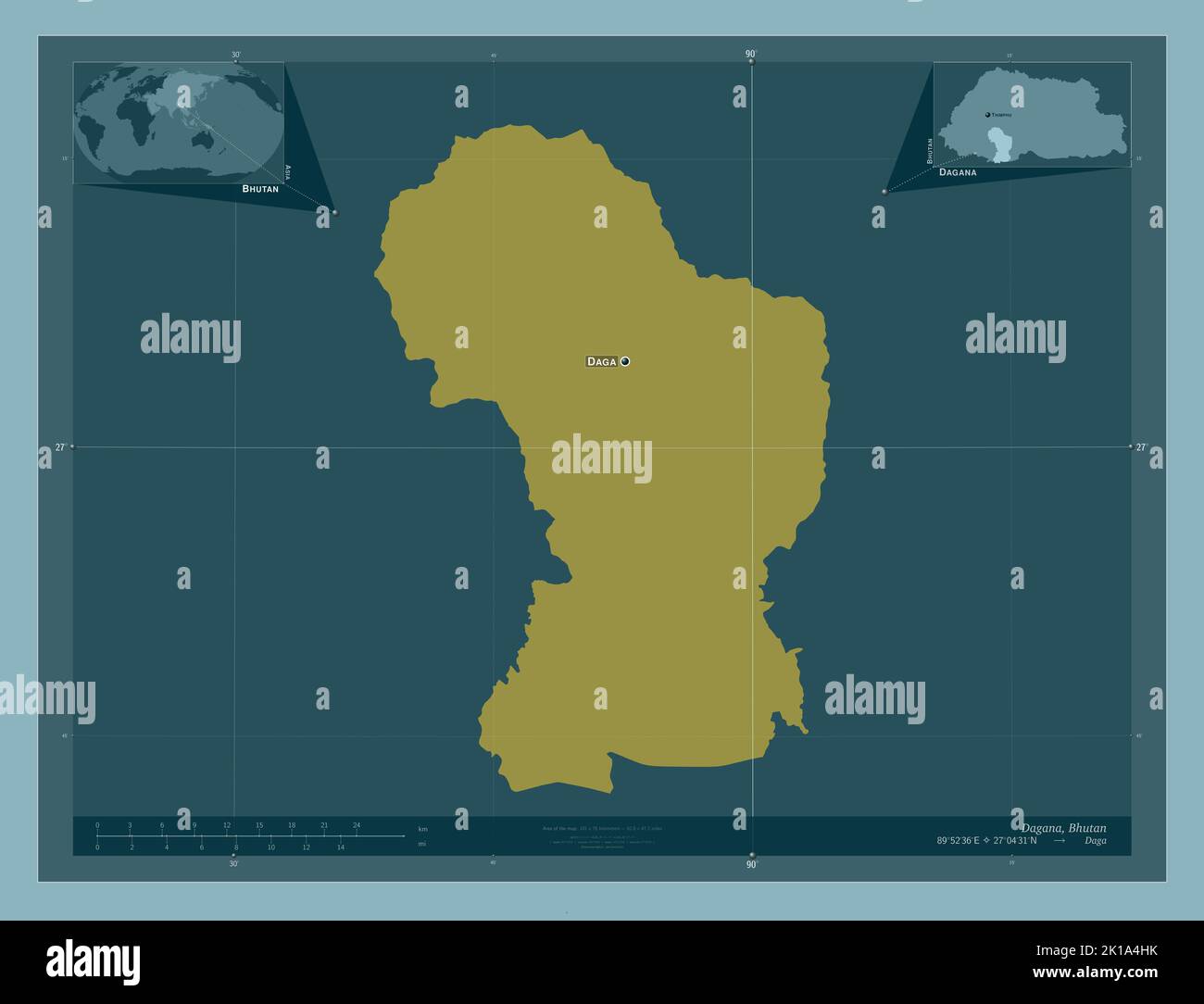 Dagana, district of Bhutan. Solid color shape. Locations and names of ...