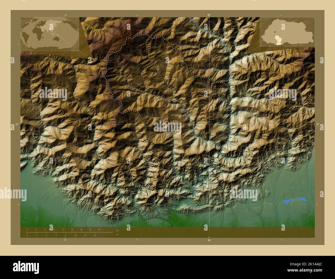 Dagana, district of Bhutan. Colored elevation map with lakes and rivers ...