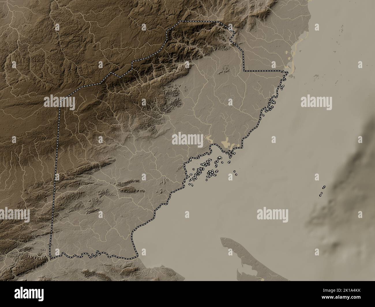 Toledo, district of Belize. Elevation map colored in sepia tones with ...