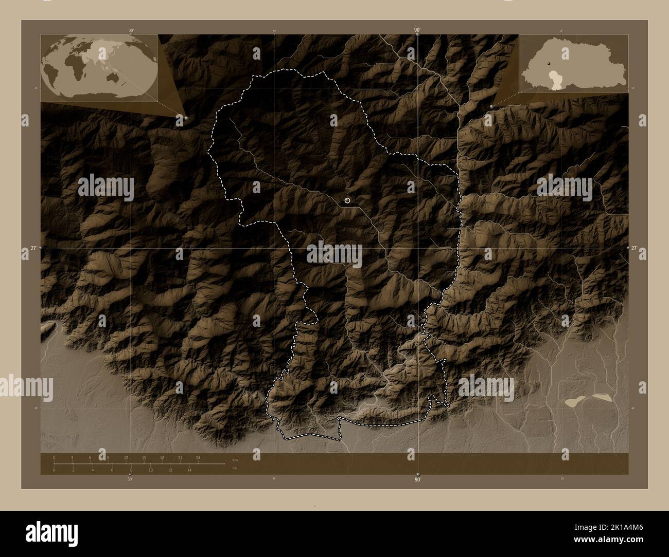 Dagana, district of Bhutan. Elevation map colored in sepia tones with lakes and rivers ...