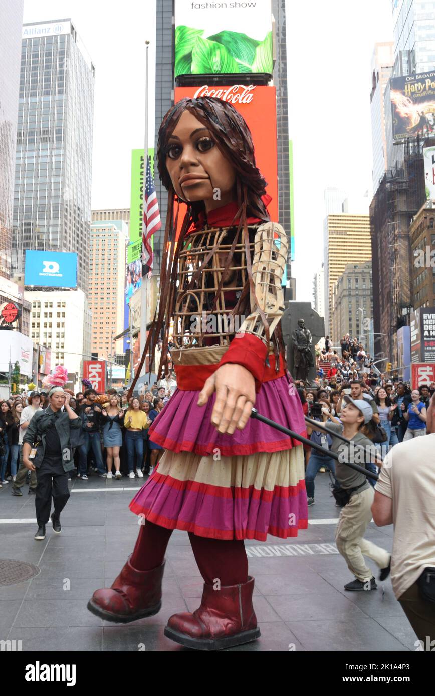 Little Amal arrives in Times Square, New York City. Little Amal, Syrian ...
