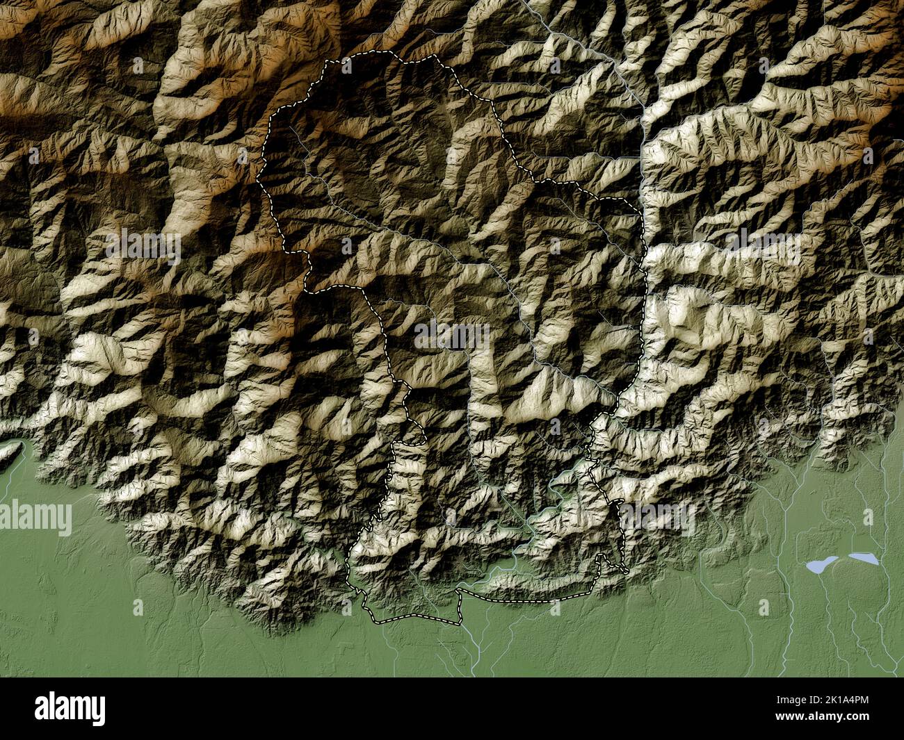 Dagana, district of Bhutan. Elevation map colored in wiki style with lakes and rivers Stock ...