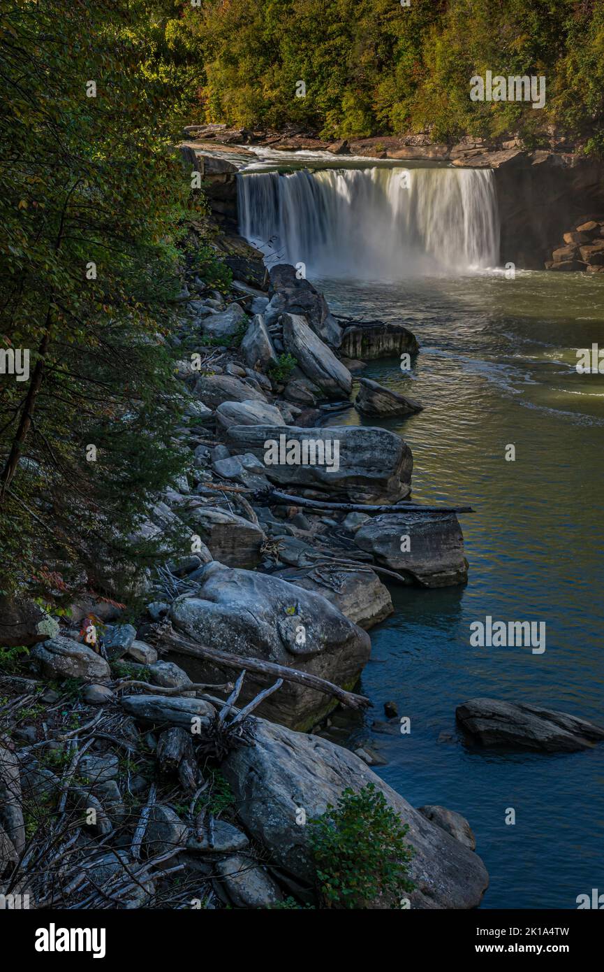Cumberland Falls mist softens morning light on the far bank of the Cumberland River, Cumberland ...
