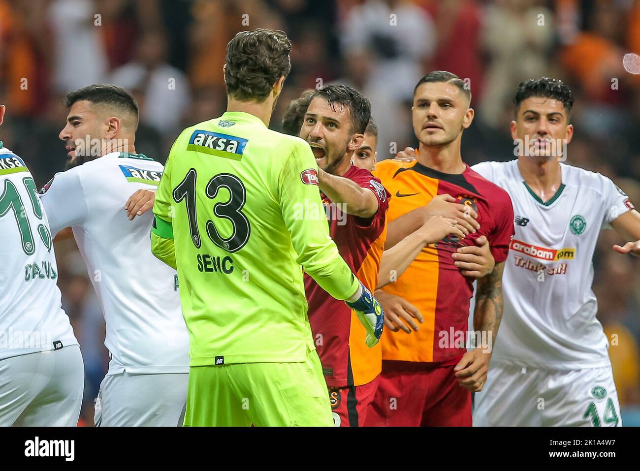 ISTANBUL, TURKEY - SEPTEMBER 16: goalkeeper Ibrahim Sehic of Konyaspor, Leo Dubois of ...